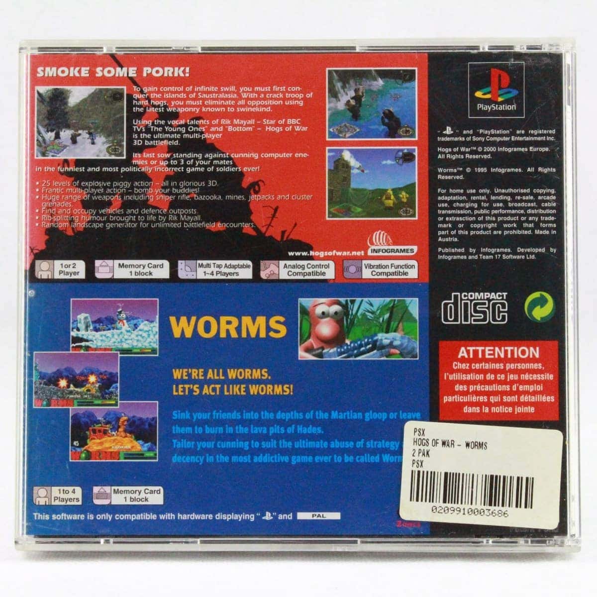 2 Games: Hogs of War / Worms (PS1) - Brugt PS1 spil - WTS Retro